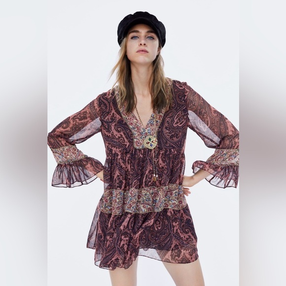 Zara | Dresses | Zara Woman Boho Patchwork Paisley Mini Dress Large ...